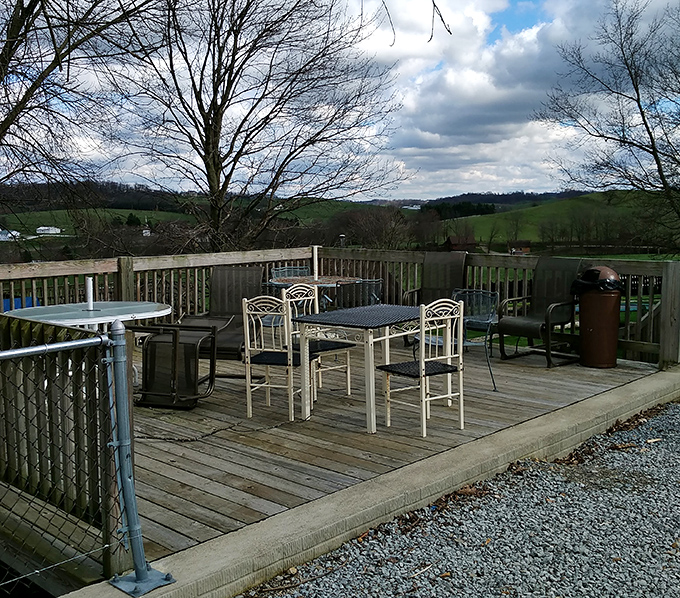 The outdoor seating area offers a view as sweet as the treats. Nothing pairs with a fresh donut quite like rolling hills and open sky.