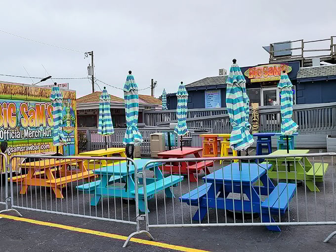 The outdoor seating area explodes with color like a beach party in furniture form. Those turquoise umbrellas have shaded countless happy diners on sun-drenched afternoons. Photo credit: Stuart Edwards.