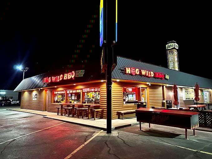 Nighttime glow at Hog Wild BBQ! Come enjoy our delicious food and cozy atmosphere in Holland, Michigan.