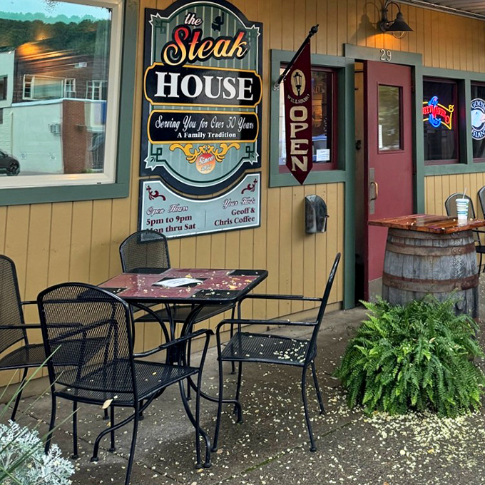 The outdoor seating says, "Yes, we know our food is worth waiting for," with rustic charm that sets the stage for what's inside.