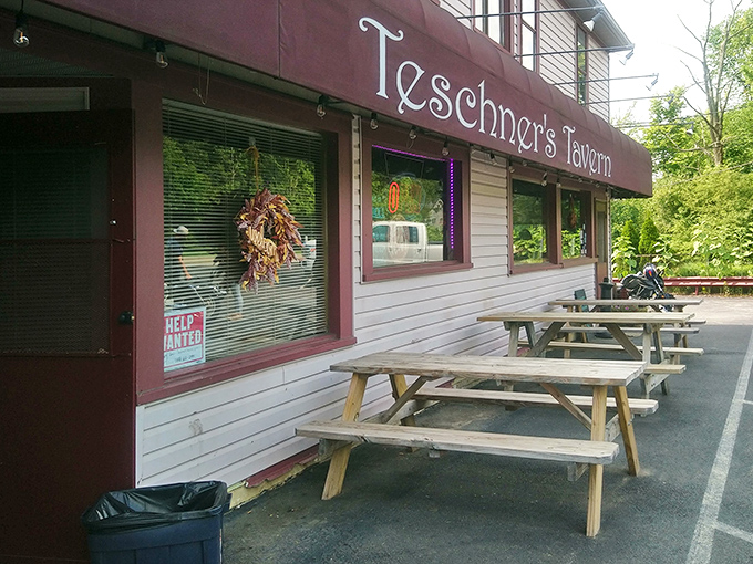 Outdoor picnic tables for when Ohio weather cooperates - because sometimes burgers taste better with a breeze.