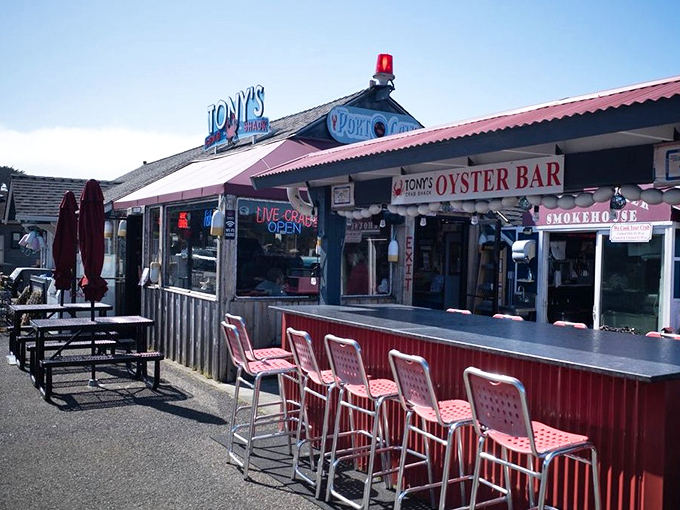 The outdoor oyster bar extends the coastal experience, perfect for slurping fresh bivalves under Oregon skies.