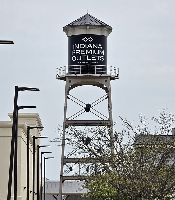 The iconic water tower stands sentinel, making this outlet destination easy to spot from the interstate.