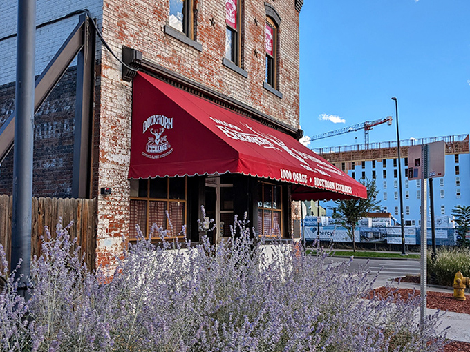 Lavender softens the rugged exterior as dusk approaches, proving that even the toughest steakhouse has a gentle side.