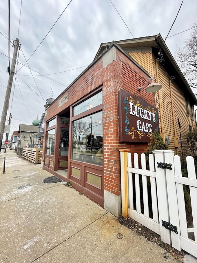 Even on Cleveland's grayest days, Lucky's brick facade and cheerful signage promise warmth and satisfaction waiting just inside.