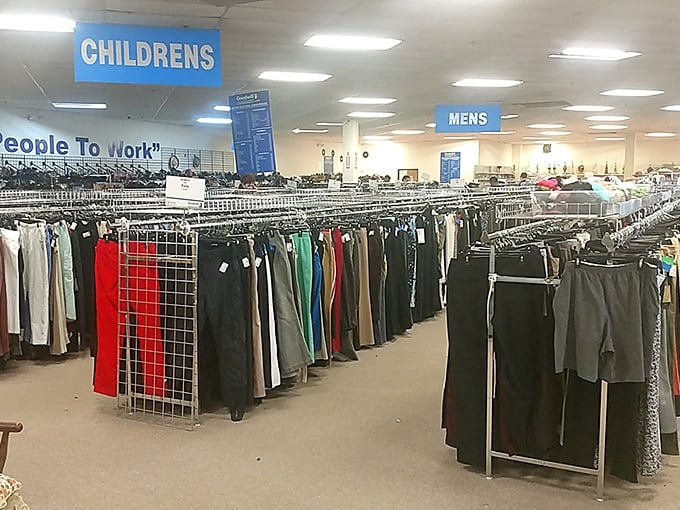 Men's and children's departments stretch into the distance, promising wardrobe refreshes without the mall price tags.
