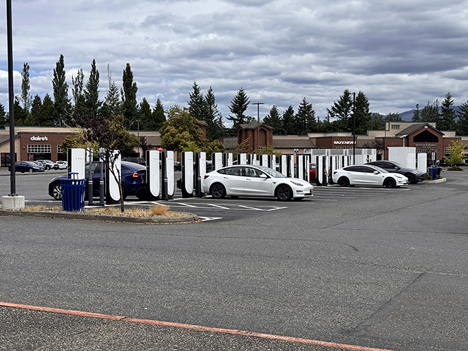 Even the parking lot screams "Pacific Northwest progressive"&mdash;Tesla charging stations ensure your electric chariot stays powered while you power-shop.