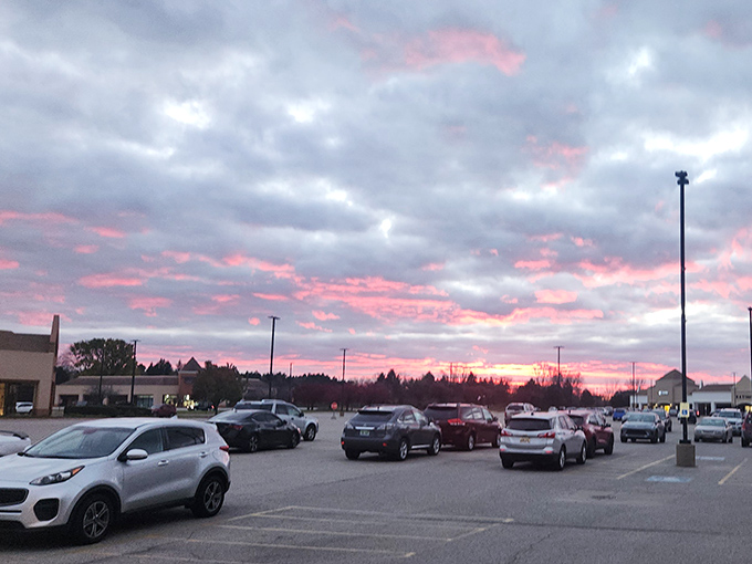 Even the Michigan sunset seems to celebrate a successful day of outlet shopping, painting the sky in colors as vibrant as the deals inside.