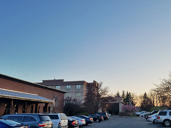 Evening light bathes the parking lot, signaling that dinner hour has arrived in Chester County.
