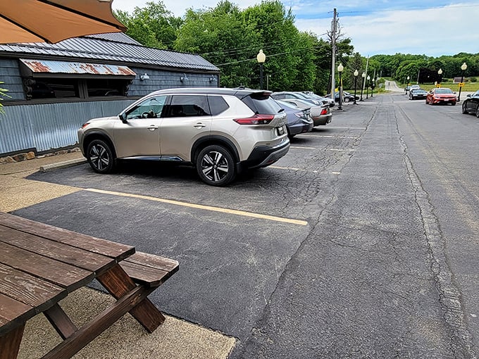Even the parking lot has a certain charm, with picnic tables suggesting that the good times at Iron Bridge Inn extend beyond its walls.
