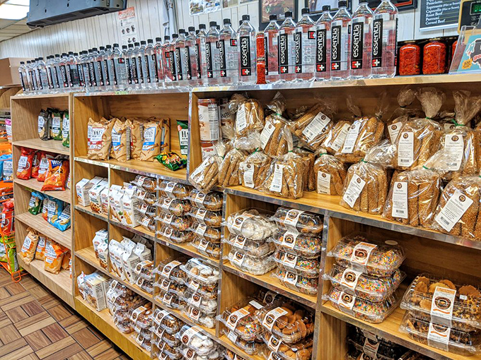 "Where everyday is a holiday," and the shelves are stacked high with cookies, chips, and all the makings of a perfect picnic.