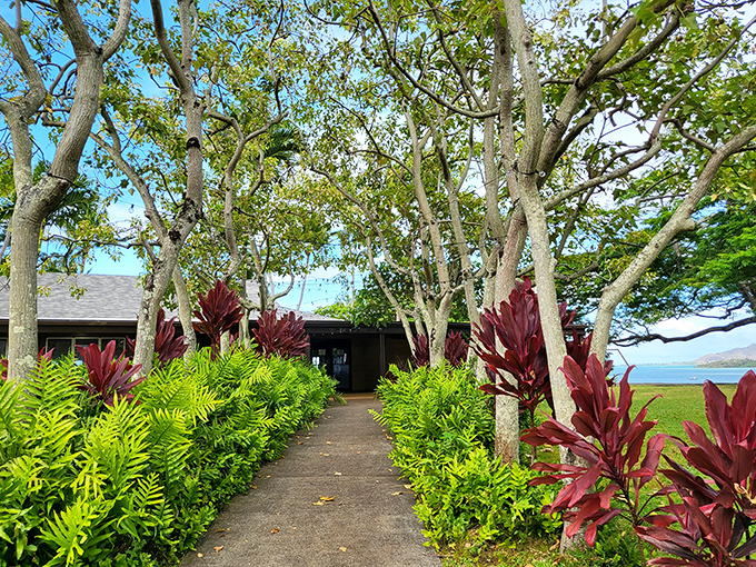 Red ti plants guide you toward bay views, creating a garden pathway that's prettier than most destination weddings.