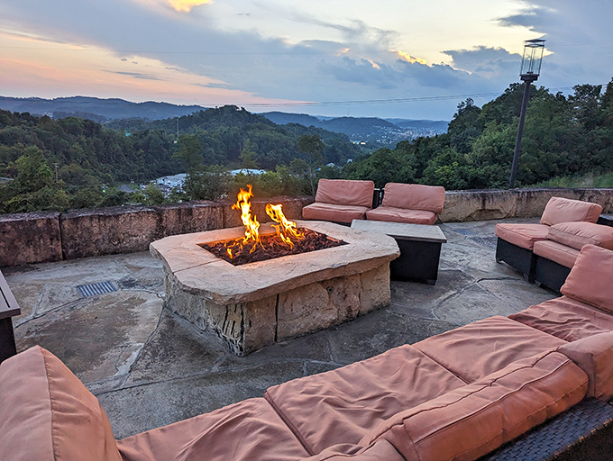 As day turns to dusk, the patio's fire pit creates a magical mountain setting that rivals any five-star resort view.