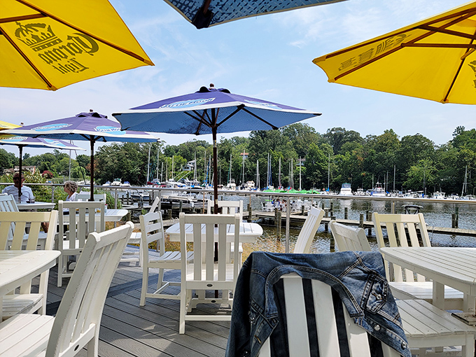 White Adirondack chairs and harbor views&mdash;the perfect setting for contemplating life's big questions, like "Should I order another crab cake?"