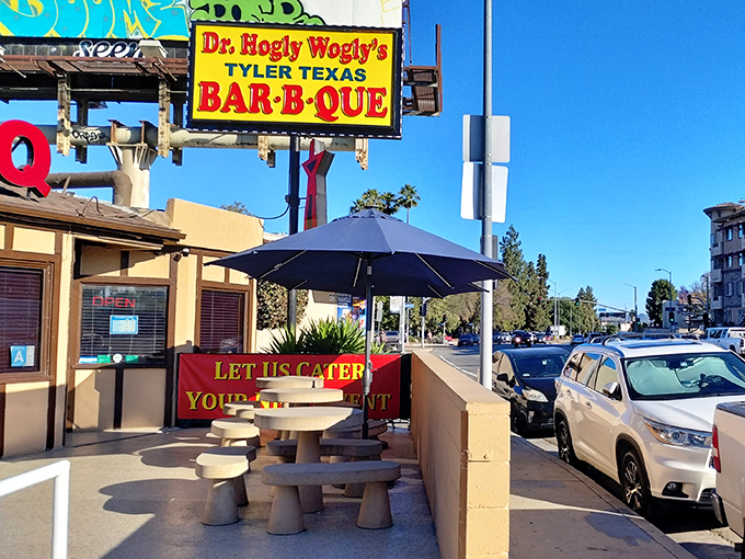 Al fresco dining, California-style, with Texas soul food waiting inside. The umbrella isn't for rain—it's for giving the sun a fair chance.