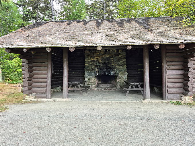 This rustic log shelter, with its massive stone fireplace, feels like it was built by Paul Bunyan himself for particularly civilized woodland gatherings.