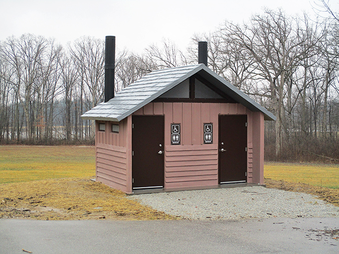 Even the restrooms at Ouabache embrace rustic charm&mdash;proof that in a state park, every building gets its moment in the architectural spotlight.