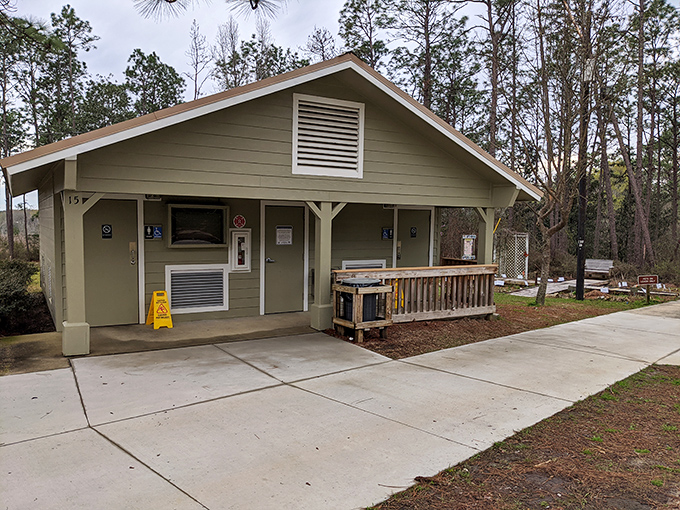 The park's restroom and visitor center &ndash; proving that even in wilderness adventures, civilization's greatest invention remains indoor plumbing.