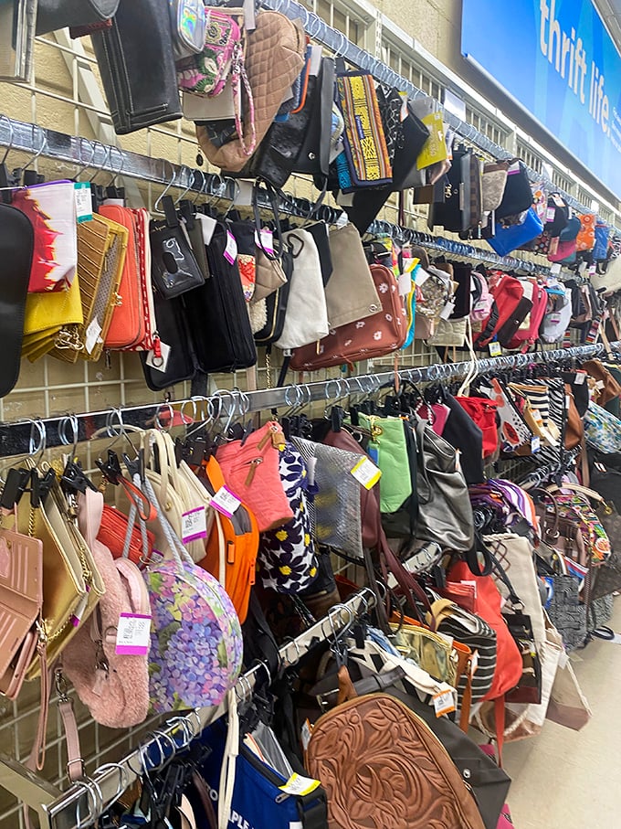 Purses dangling like colorful fruit ready for harvest, each one holding potential for organizing your life differently.