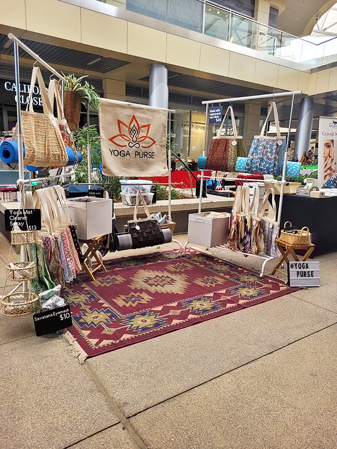 Where yoga meets fashion. This thoughtfully arranged display of bags and mats creates a zen oasis amid the market hustle, complete with southwestern flair.
