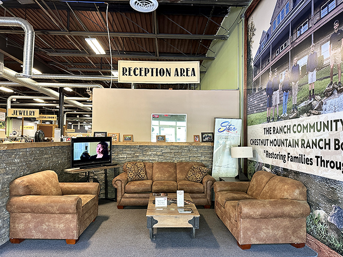 The reception area welcomes shoppers with comfortable seating and community information. A moment to rest before diving back into the bargain hunt.