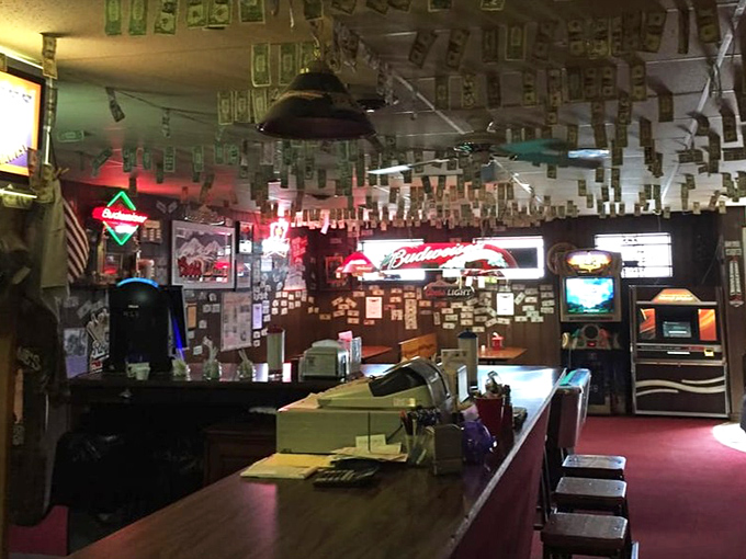 Where magic happens: the register area doubles as command central for this BBQ institution. Note the dollar bills creeping across every available surface.