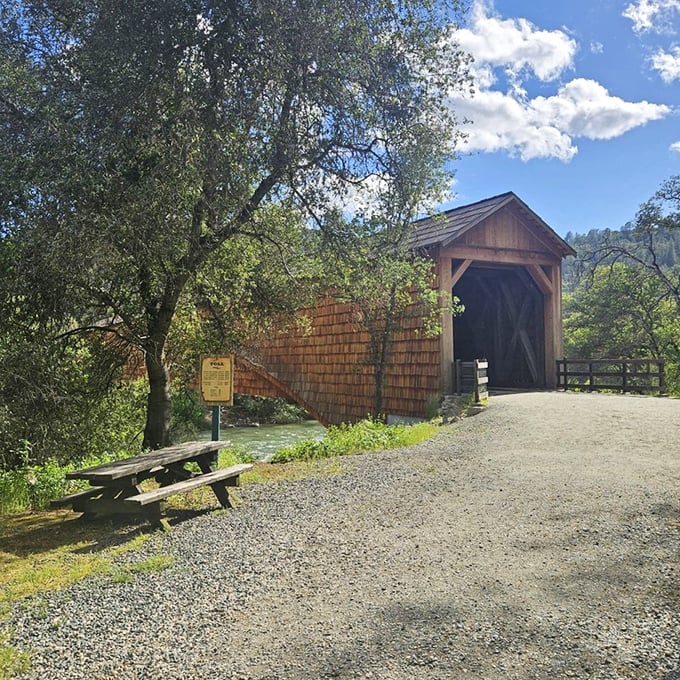 A peaceful picnic spot awaits visitors near the bridge entrance. The perfect place to contemplate 160 years of California history.
