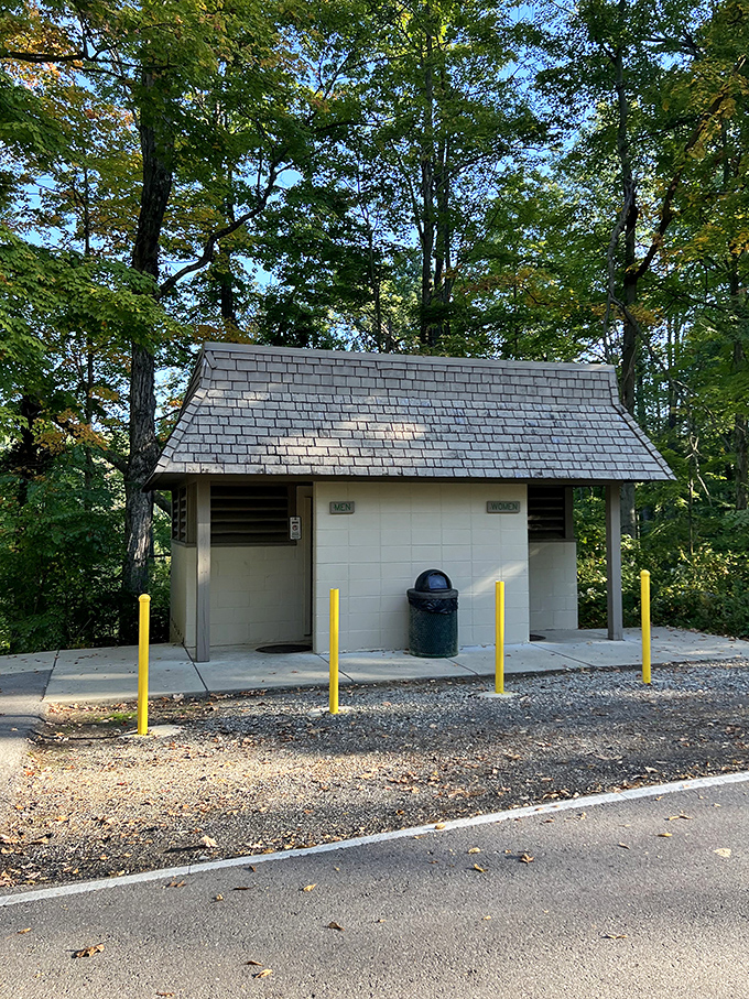 Even the restrooms at Mt. Gilead embrace woodland charm, proving that practical necessities needn't sacrifice aesthetic appeal.