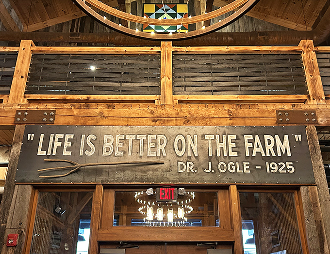 The rustic sign reminds everyone that life really is better on the farm, especially at breakfast time daily.
