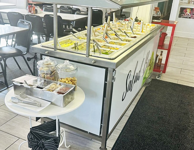 The salad bar—proof that Ruthy's doesn't just excel at breakfast. Those gleaming trays promise fresh ingredients for the lunch crowd.