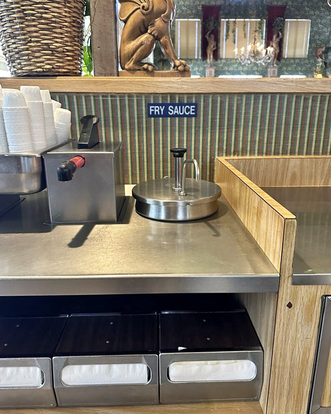 The fry sauce station &ndash; a sacred spot in Utah dining culture. This pink nectar elevates french fries from side dish to main event.