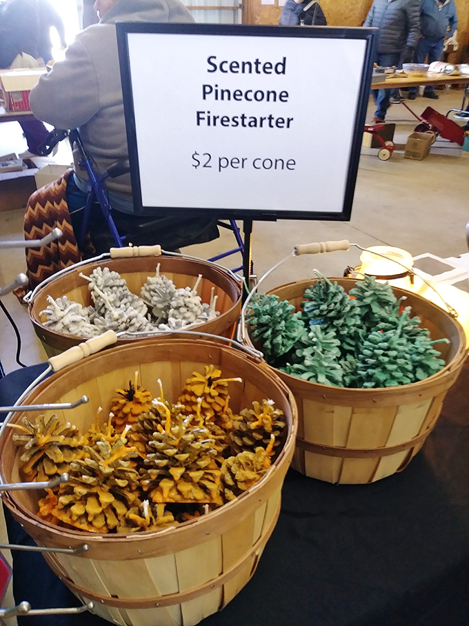 Practical meets whimsical with these colorful scented pinecone firestarters. At $2 each, they're the perfect example of the market's affordable treasures hiding in plain sight.