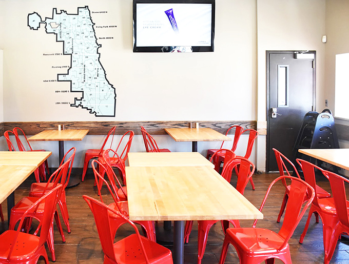 Modern seating with that Chicago map on the wall reminding you exactly where you are&mdash;in a city that takes its neighborhood food traditions very, very seriously.