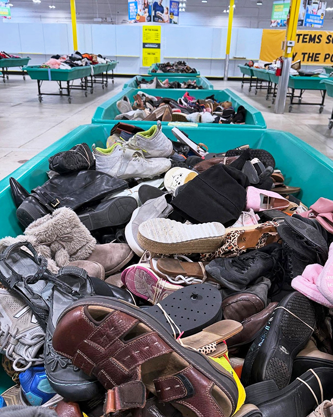 Footwear purgatory or shoe heaven? This bin contains everything from barely-worn designer boots to well-loved sneakers seeking redemption.