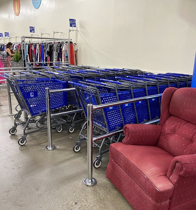 Shopping cart armada standing ready for bargain battles, with that red chair offering a perfect rest stop for weary treasure hunters.