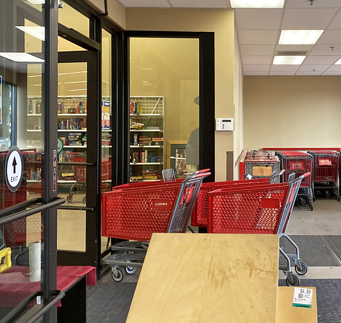 The red carts stand ready for filling with treasures. These humble chariots have transported countless thrifting victories through the years.