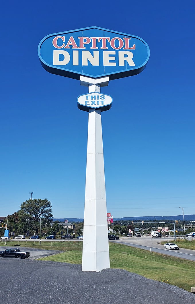 The roadside sign stands tall against the Pennsylvania sky, guiding hungry travelers like a delicious North Star. Follow it to breakfast bliss. 