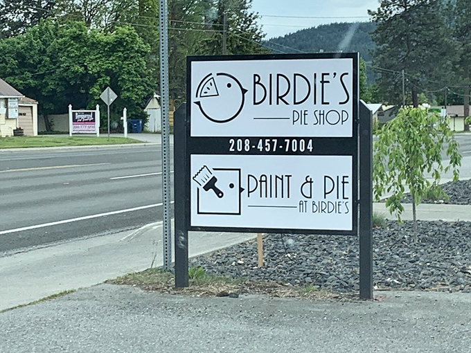 The roadside sign announces Birdie's dual personality: Pie Shop and Paint & Dip. In Idaho, creativity comes in both edible and artistic forms.
