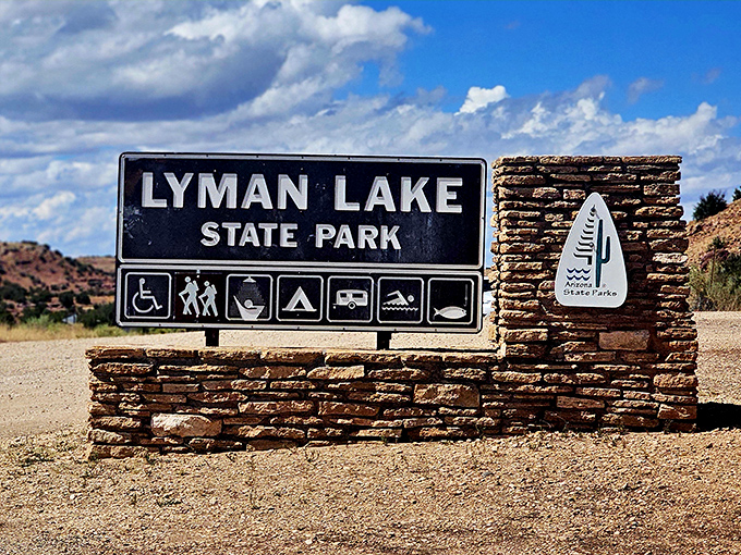 This welcome sign lists more activities than most people accomplish in an entire vacation, honestly speaking.