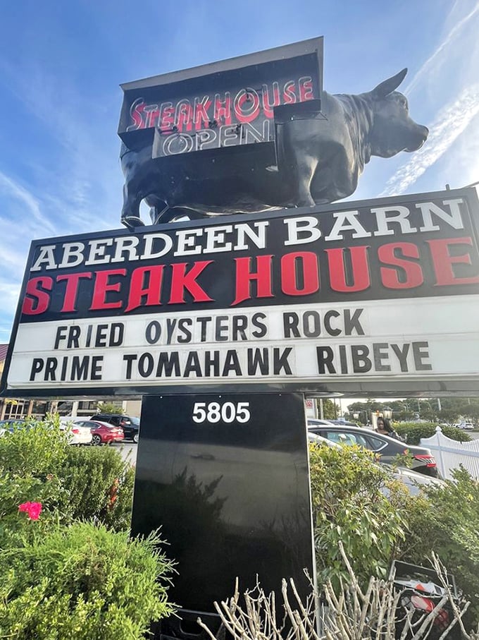 The neon glow at dusk makes this place look like where Tony Soprano would celebrate a promotion.