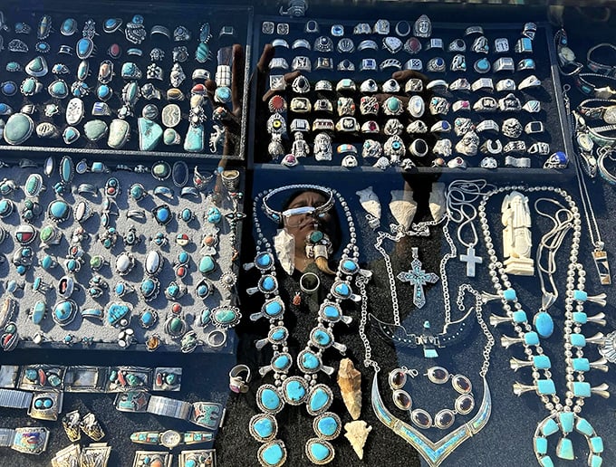 Turquoise and silver jewelry displays draw admirers like moths to a very stylish, sparkly flame.