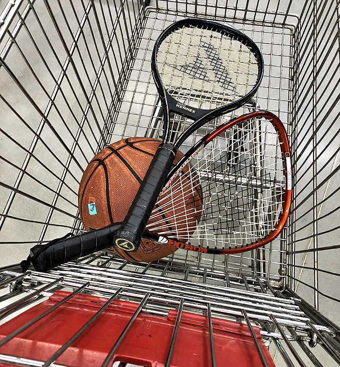 Today's cart contents: tennis rackets and basketball. Tomorrow's weekend plans sorted for less than a movie ticket.
