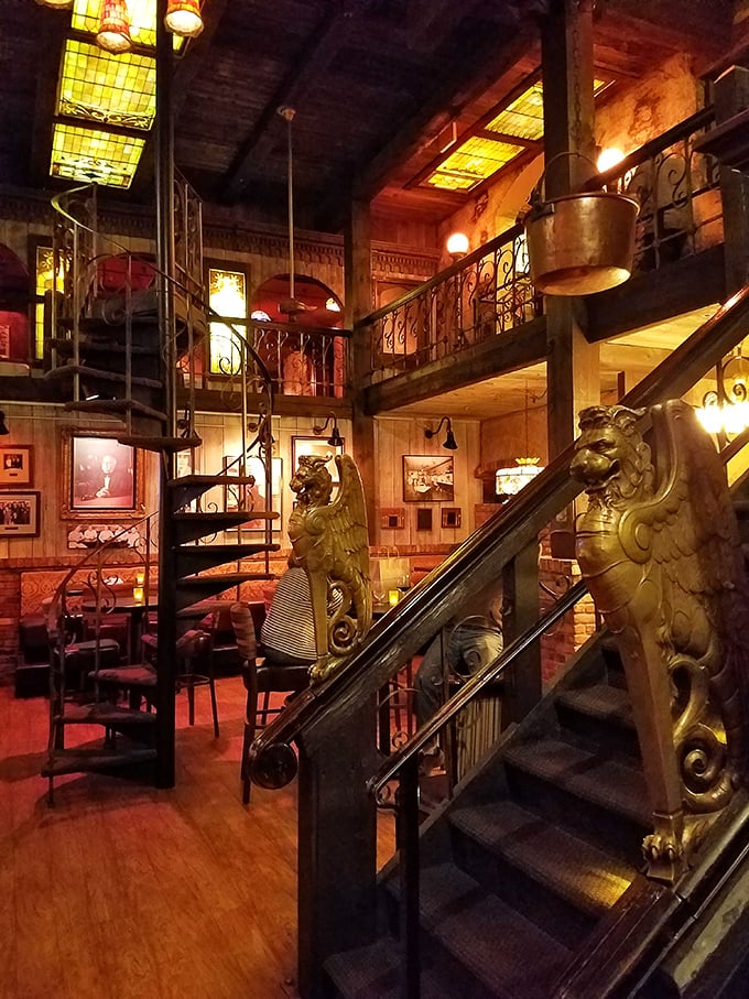 Golden lion sculptures guard the staircase like sentinels from another era, watching over decades of celebrations, proposals, and "just because" dinners.