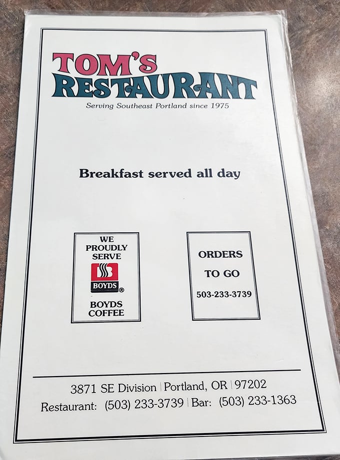 The menu cover proudly announces "Serving Southeast Portland since 1975" &ndash; that's a lot of perfectly cooked eggs.