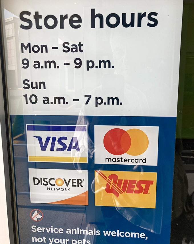 The store hours sign&mdash;your roadmap to treasure hunting. Note those extended Saturday hours for maximum weekend exploration potential.