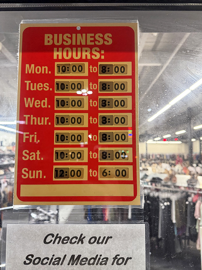 The business hours sign&mdash;a retail love letter announcing Plato's Closet is serious about giving you ample time to hunt for bargains.
