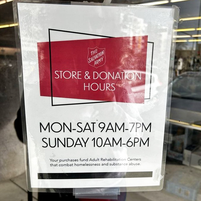 The store hours sign reveals the double win: shop seven days a week while supporting programs that combat homelessness and substance abuse.