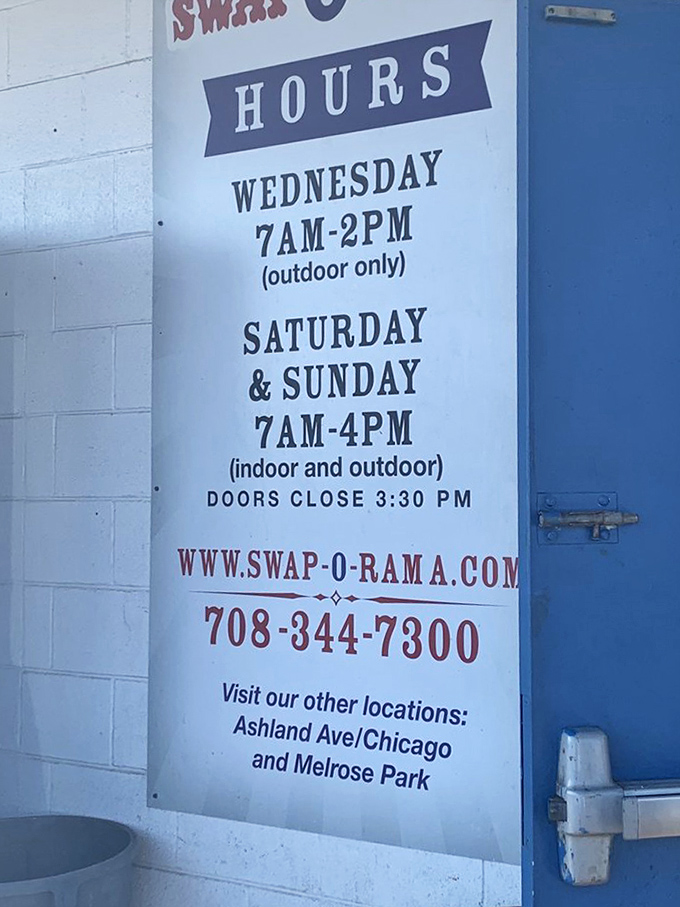 Store hours posted clearly, because timing is everything when hunting for the perfect bargain.