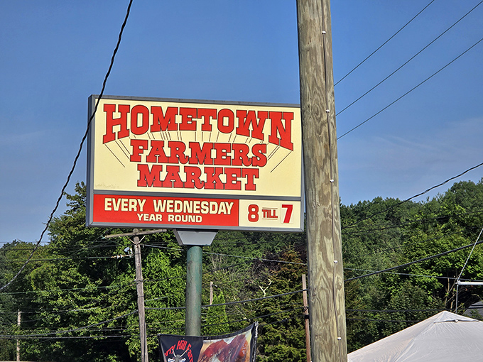 The sign that launches a thousand Wednesday morning road trips. "8 till 7" are the magic hours when ordinary shopping becomes an adventure.