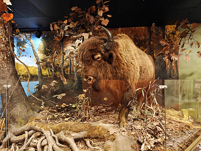 I'm not just an old buffalo! This imposing bison brings autumn in prehistoric America to life with startling realism.